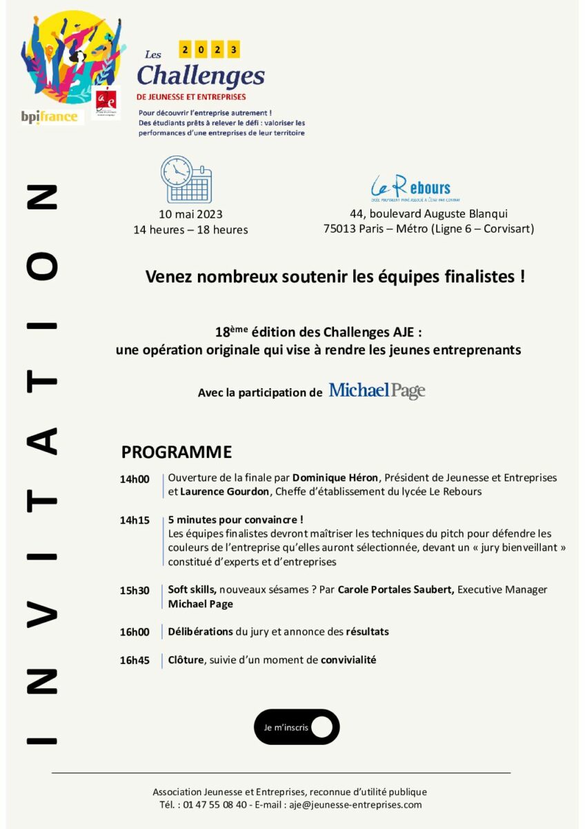 Invitation Challenges AJE 2023 | Association Jeunesse et Entreprises